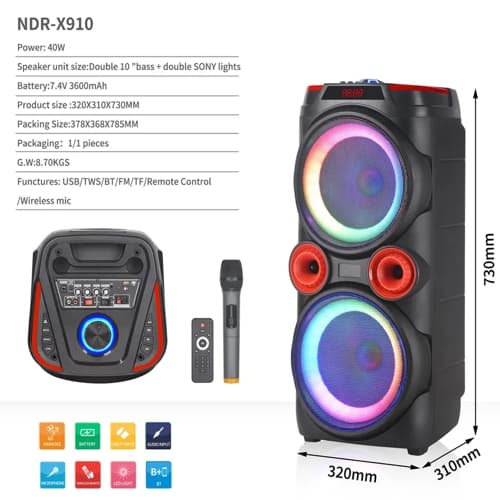 NDR-X910 DOUBLE BASS 10 Inch LightS with Bluetooth Wireless Mic FM ...