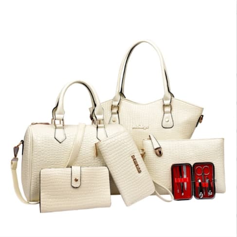 A4927 WHITE 6PC Pu Leather Handbags Set Shoulder Bag Wallet Purse Sets ...